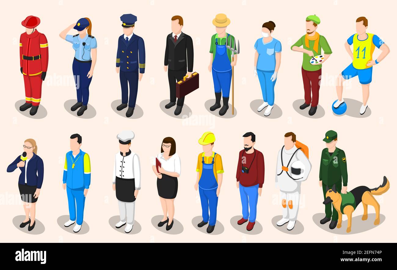 Profession isometric set of sixteen isolated people faceless characters ...