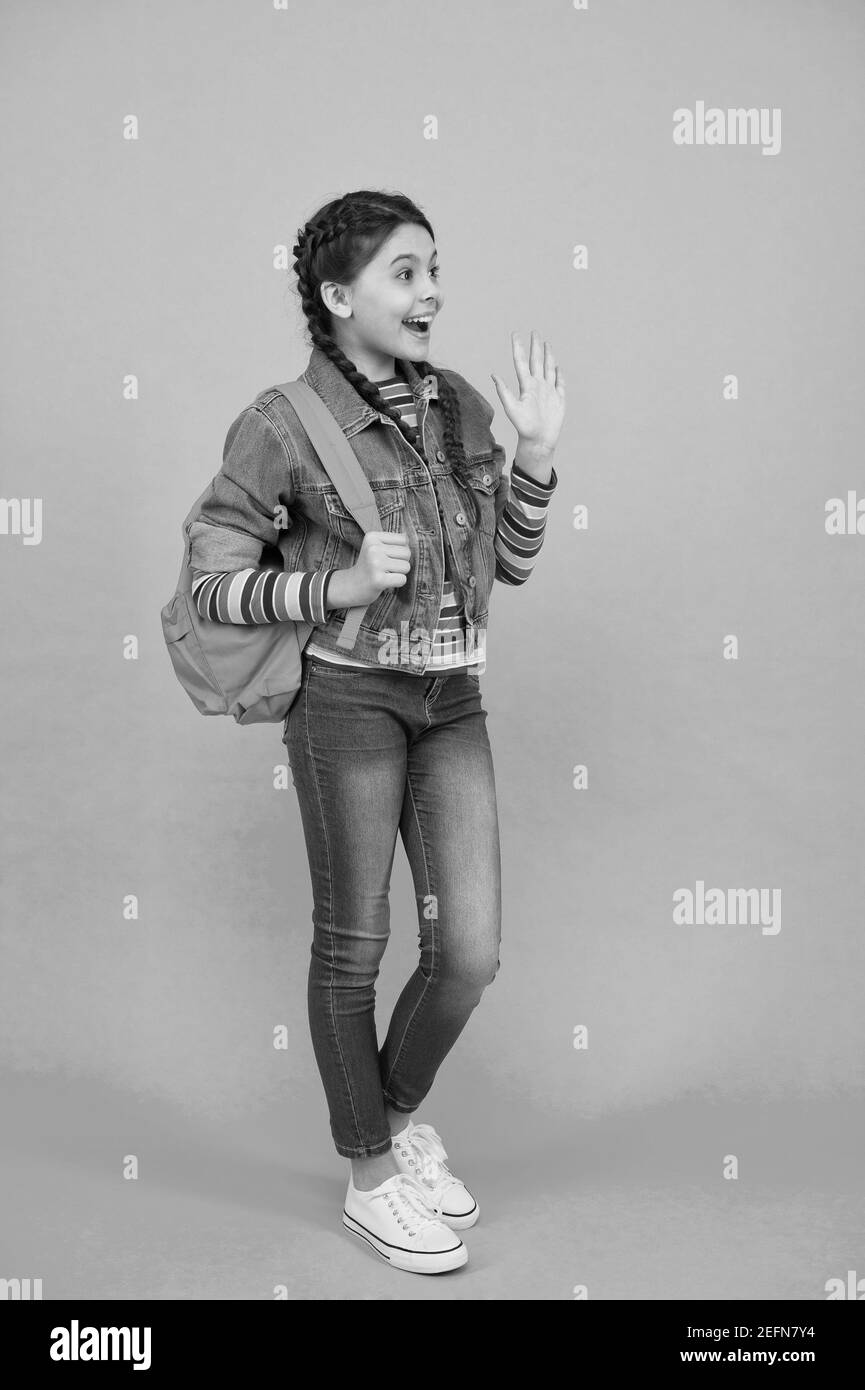 Giving high five. Happy kid blue background. Little child in casual ...