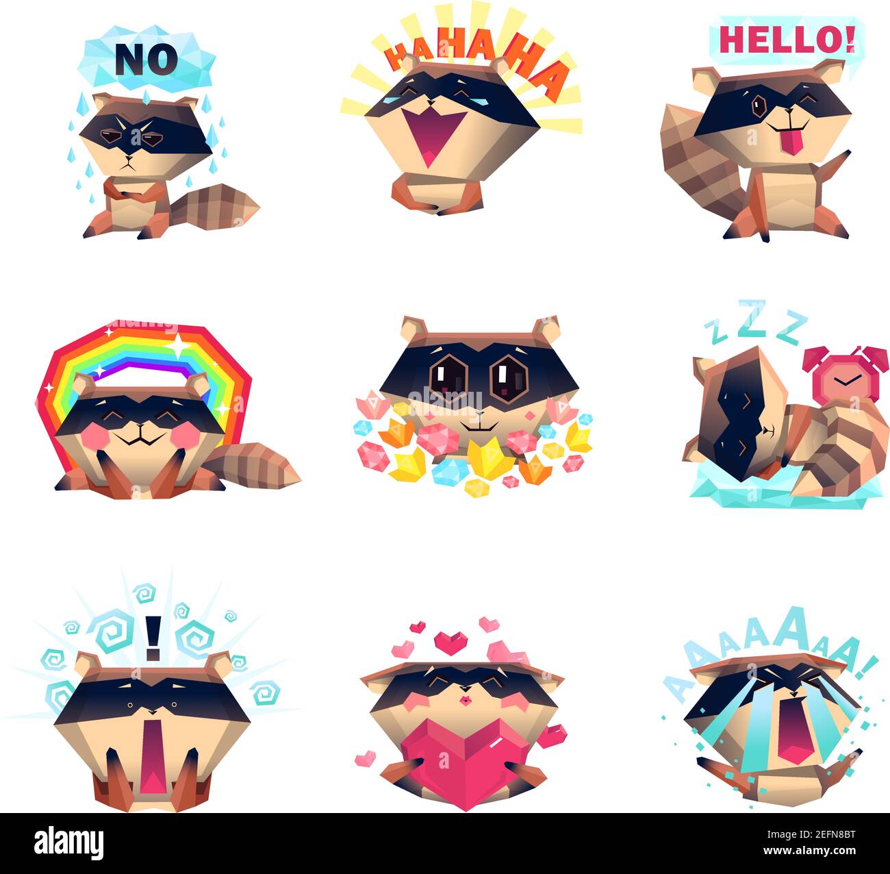 Emotions of raccoon set with laugh sadness fear love anger happiness ...