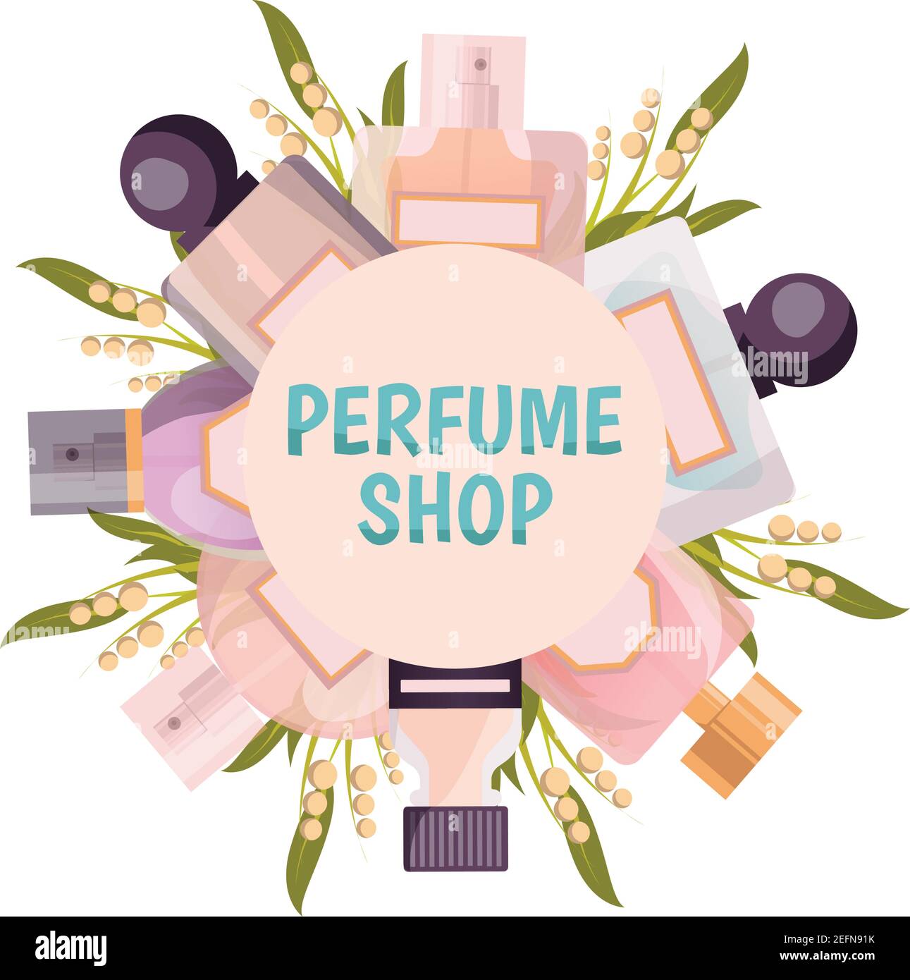 Perfume shop round frame background in pastel tones with flacons and ...