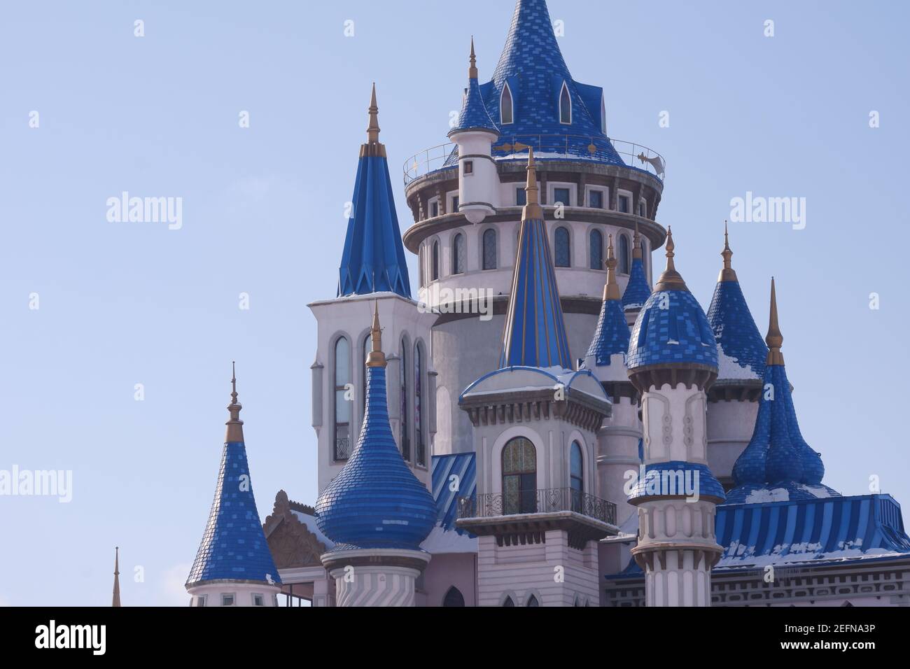 Beautiful Tale Castle with blue towers Stock Photo - Alamy