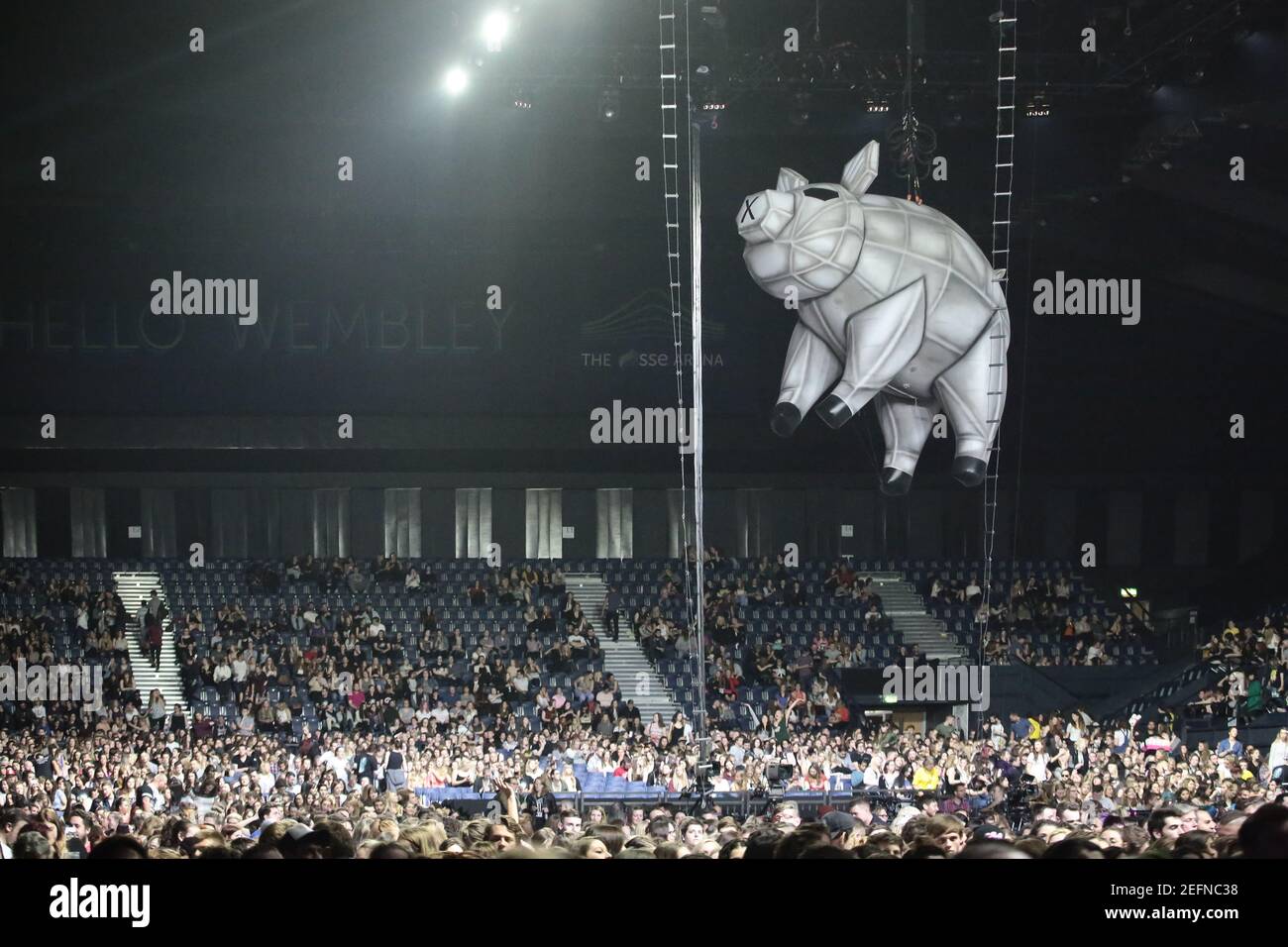 An inflatable pig flys above the audience at the Busted gig at the SSE ...