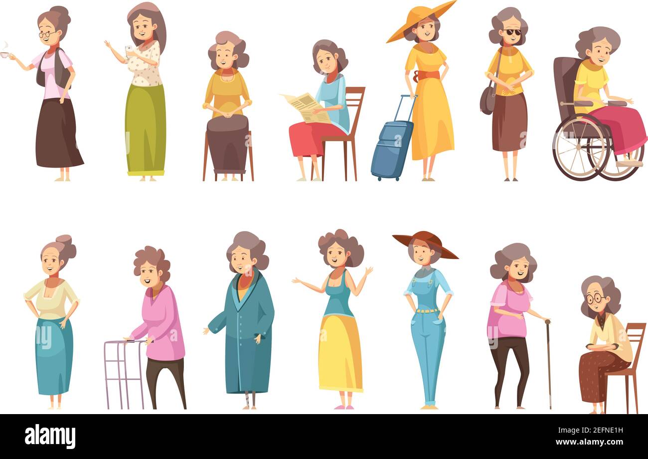 Senior woman disable old citizens with walking cane retro cartoon icons ...