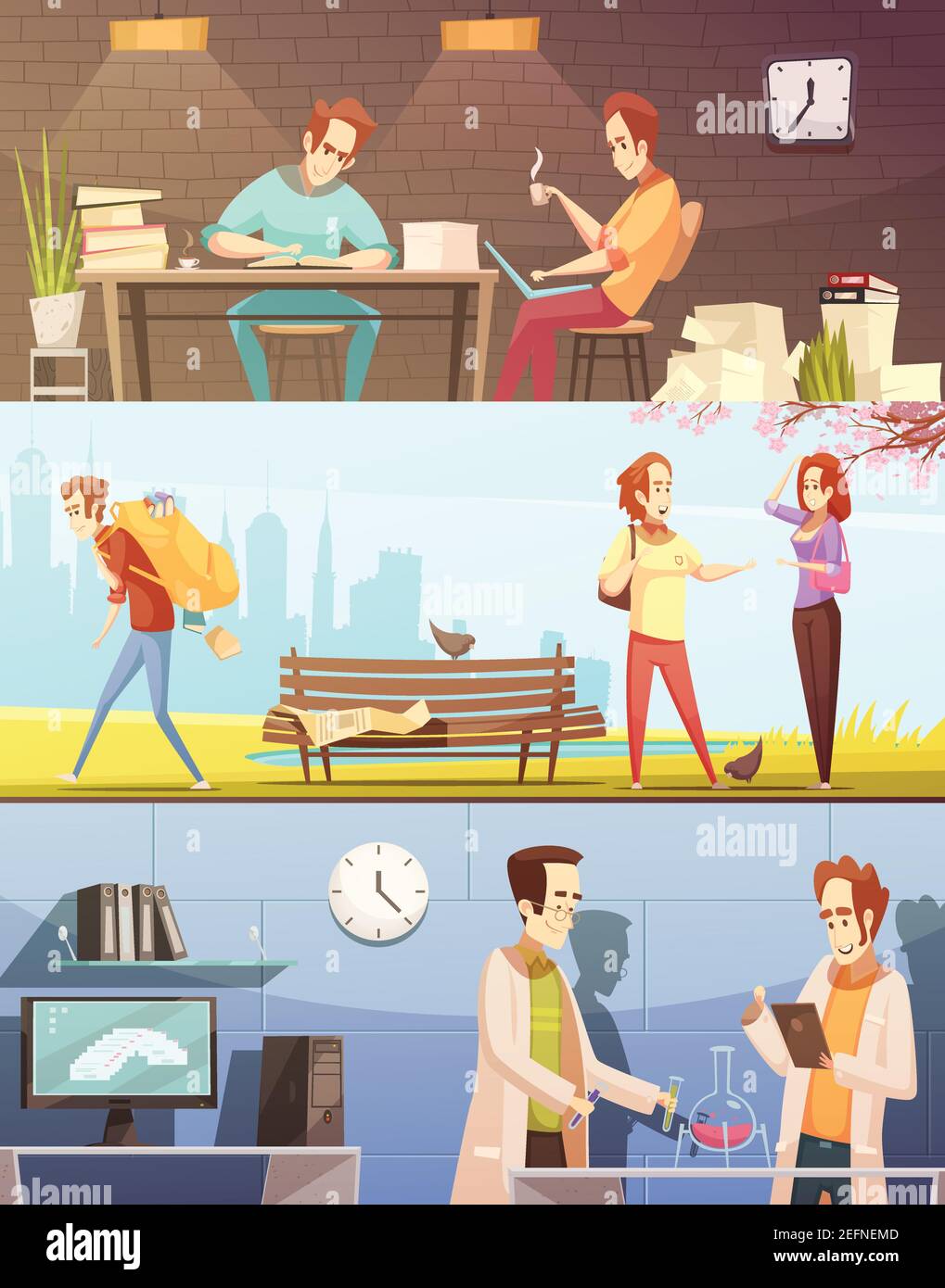 Set of horizontal retro cartoon banners with students during homework ...