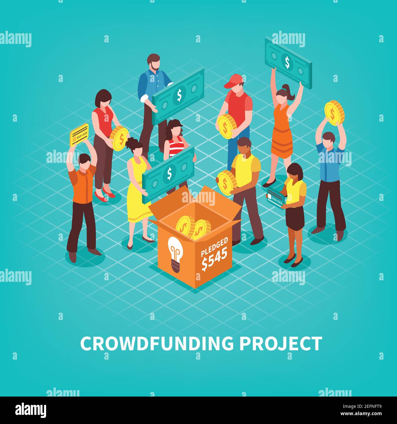 Crowdfunding project and people making donations concept on blue ...
