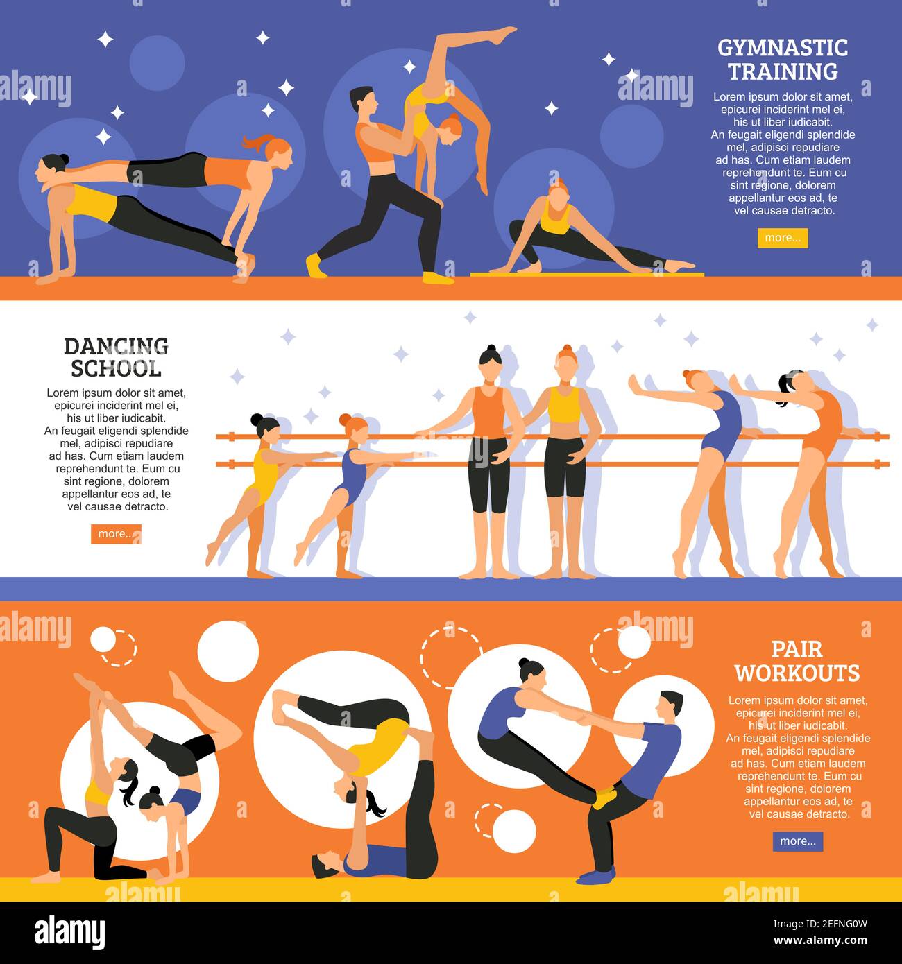 Horizontal flat banners set with dance school gymnastic training and exercises of acrobatic ...