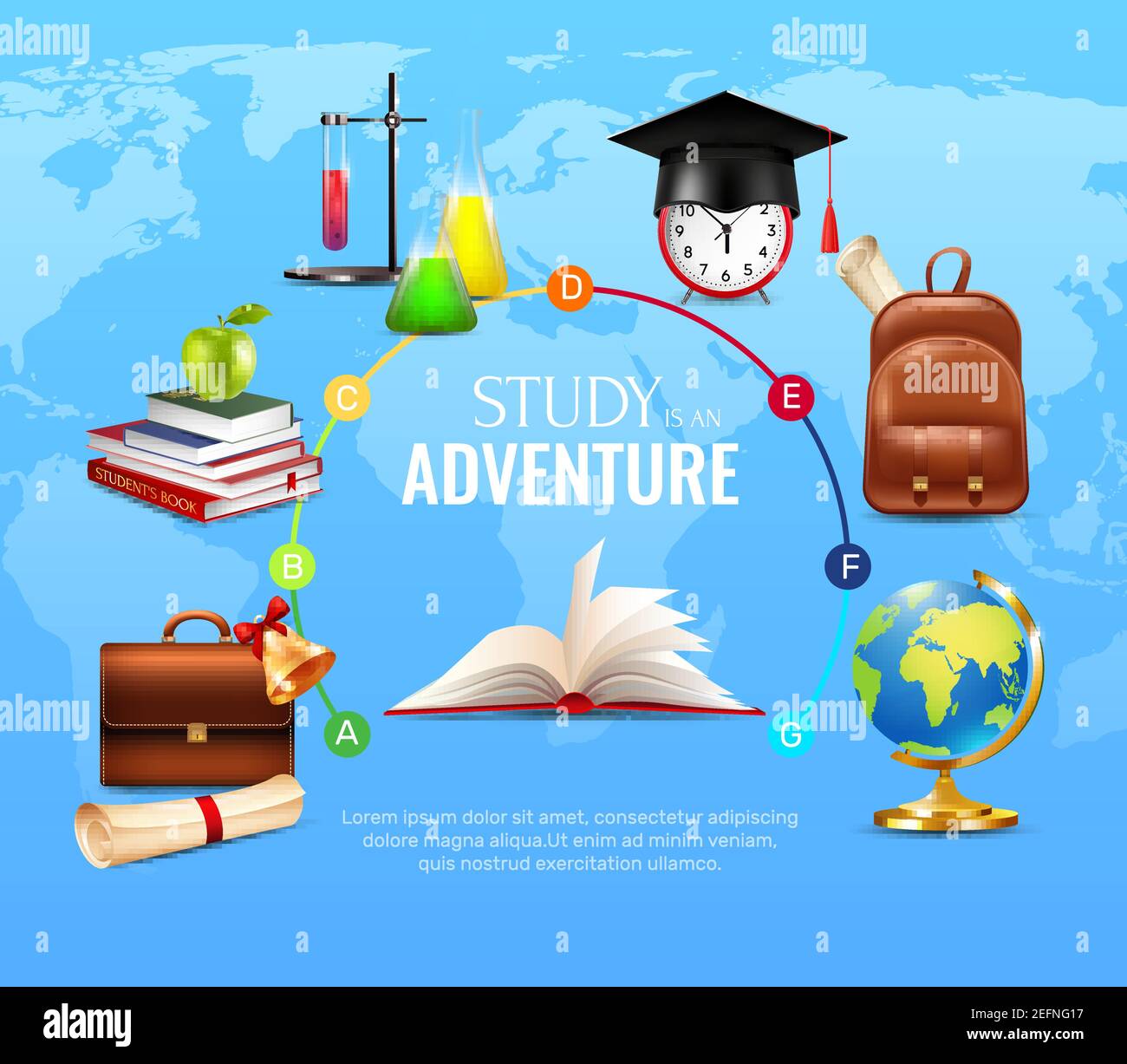 Study and learning concept with school and university symbols cartoon ...