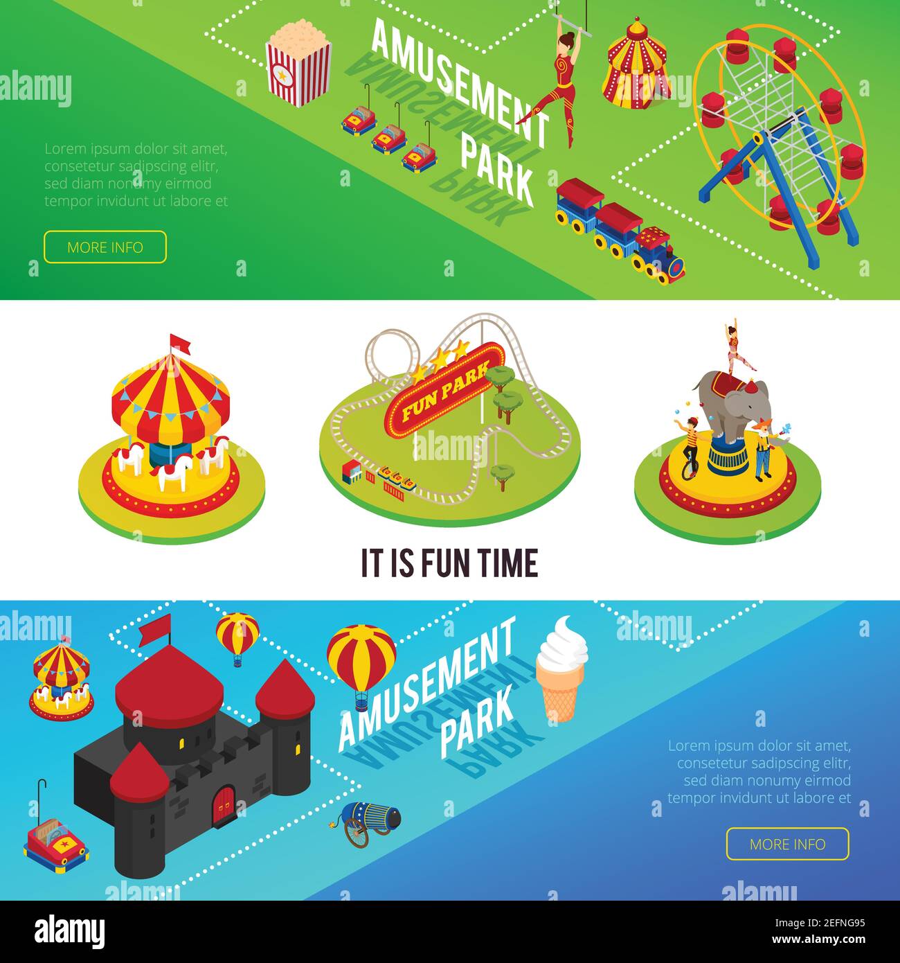 Circus isometric horizontal banners with elements of amusement park so ...