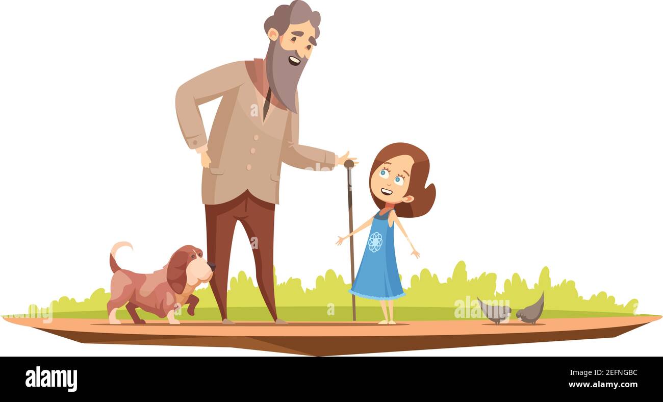 Old man senior character with cane walking with little girl and doggy ...