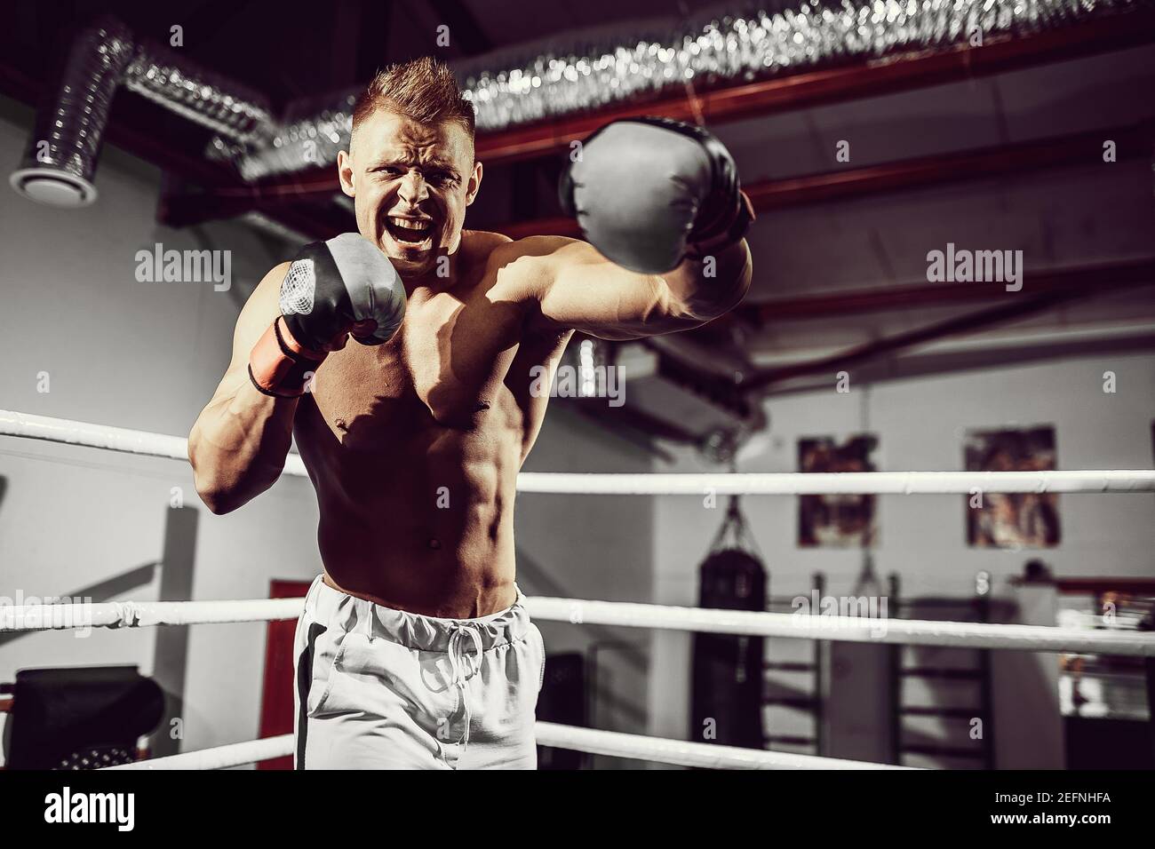 Boxer. Confident young boxer punching, training on the boxing ring ...