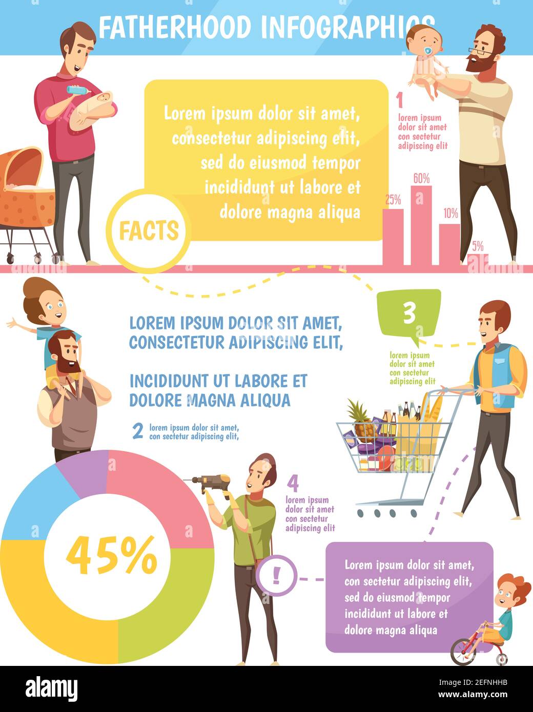 Fatherhood work family balance retro cartoon infographic poster with ...