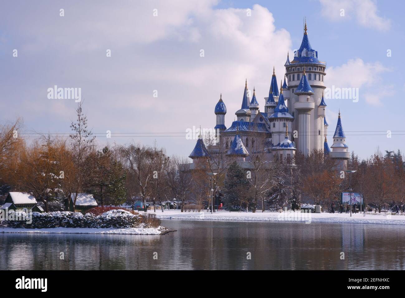 Sazova Tale Castle under snow at Sazova Park Eskisehir/Turkey Stock ...