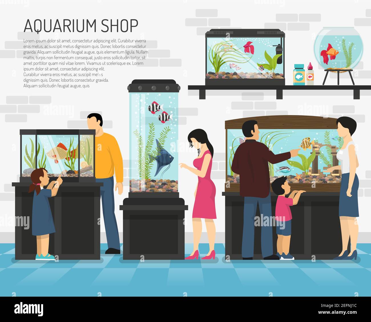 People watching fish in big and small aquariums in pet shop flat vector ...