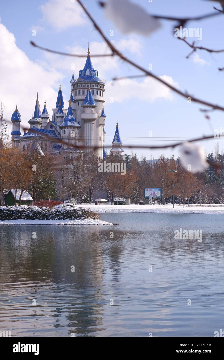 Sazova Tale Castle Behind Snowy Branches Stock Photo - Alamy