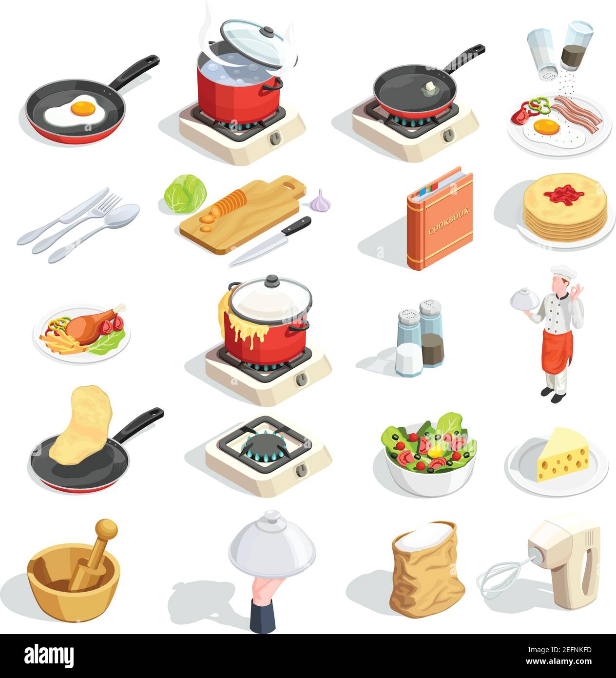 Cooking icons isometric set of sixteen isolated images of food dishes ...