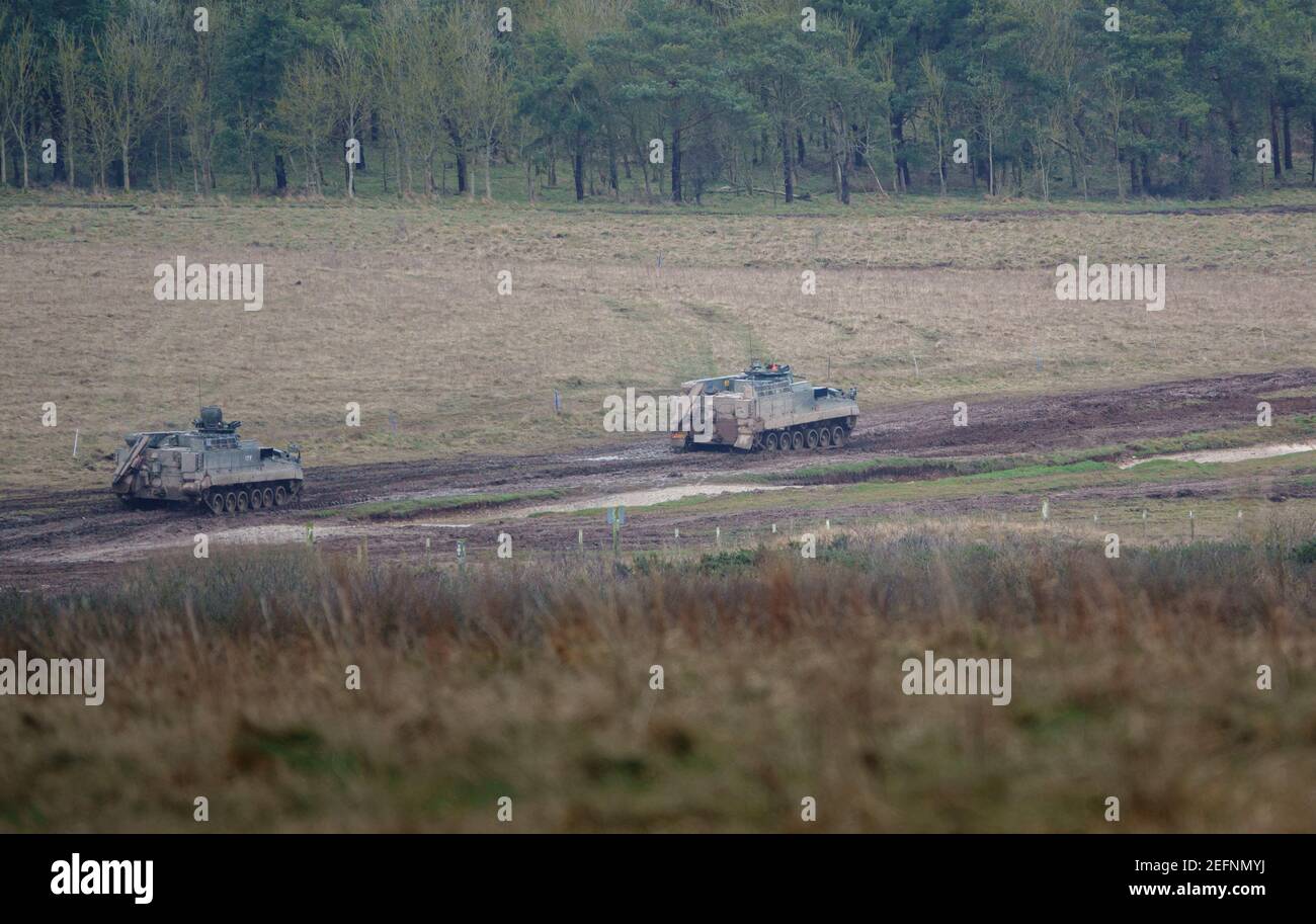 Two British Army Warrior Mechanized Repair Vehicle FV 512 on a military ...