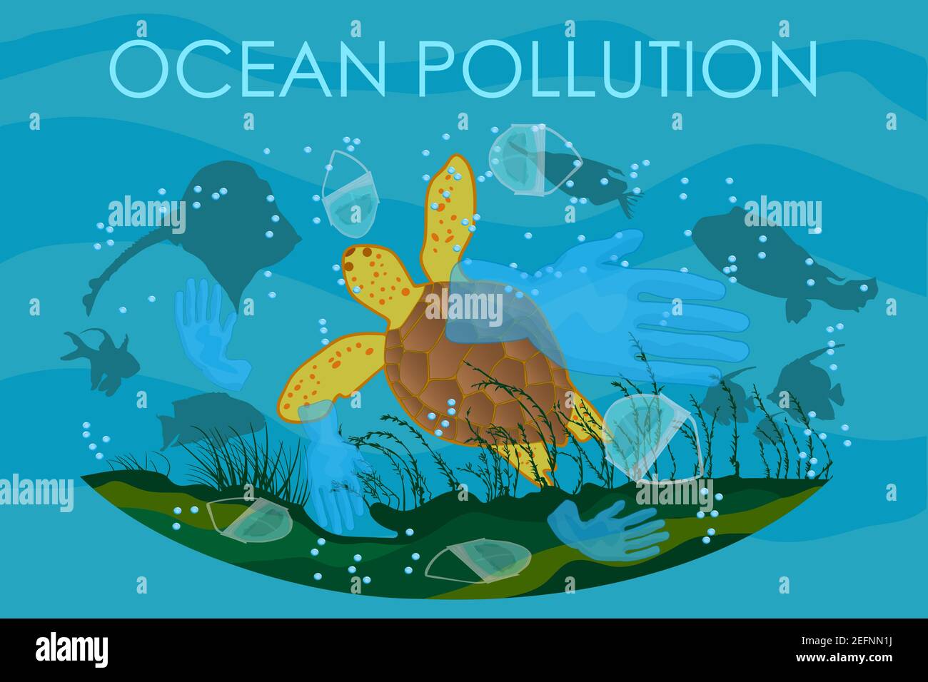 Turtle swimming among garbage.Stop sea plastic pollution.Ocean ...