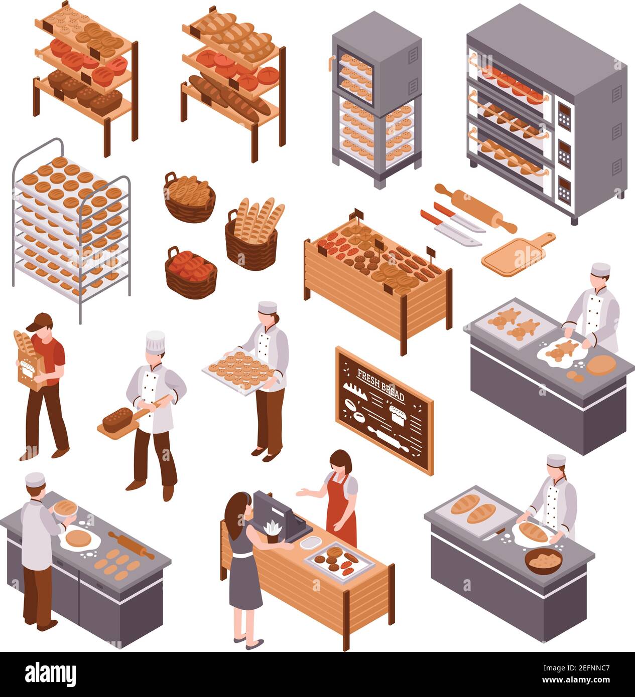 Bakery isometric icons set of working bakers shelves with products ...