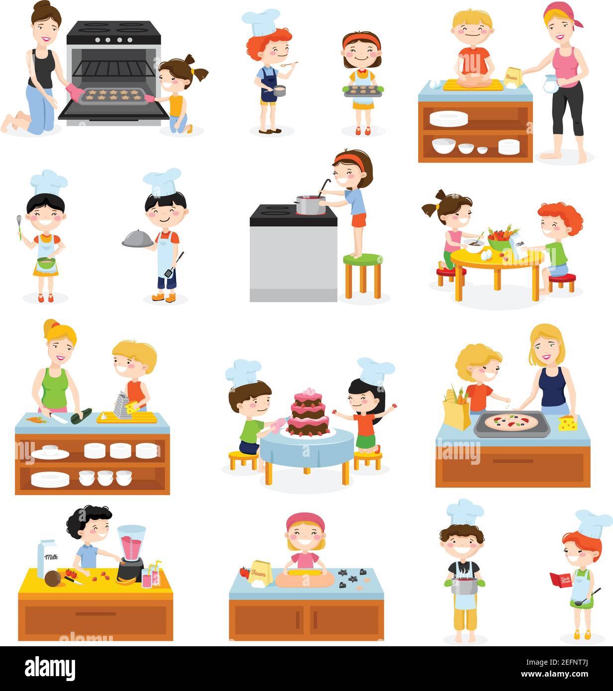 Cartoon kids cooking set with children and adults flat characters ...