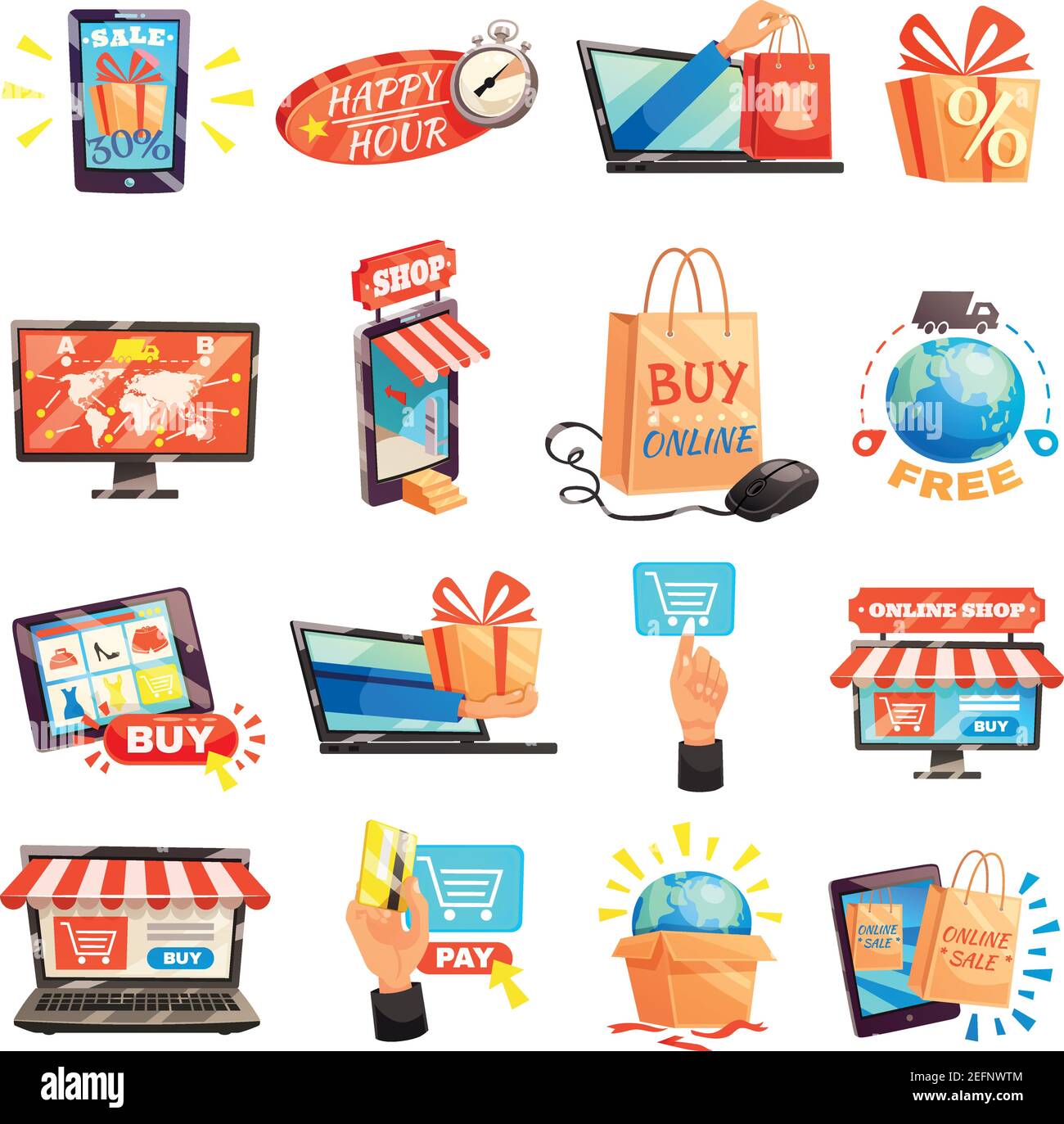 Online shopping e-commerce set of isolated conceptual images with electronic gadgets gift boxes ...