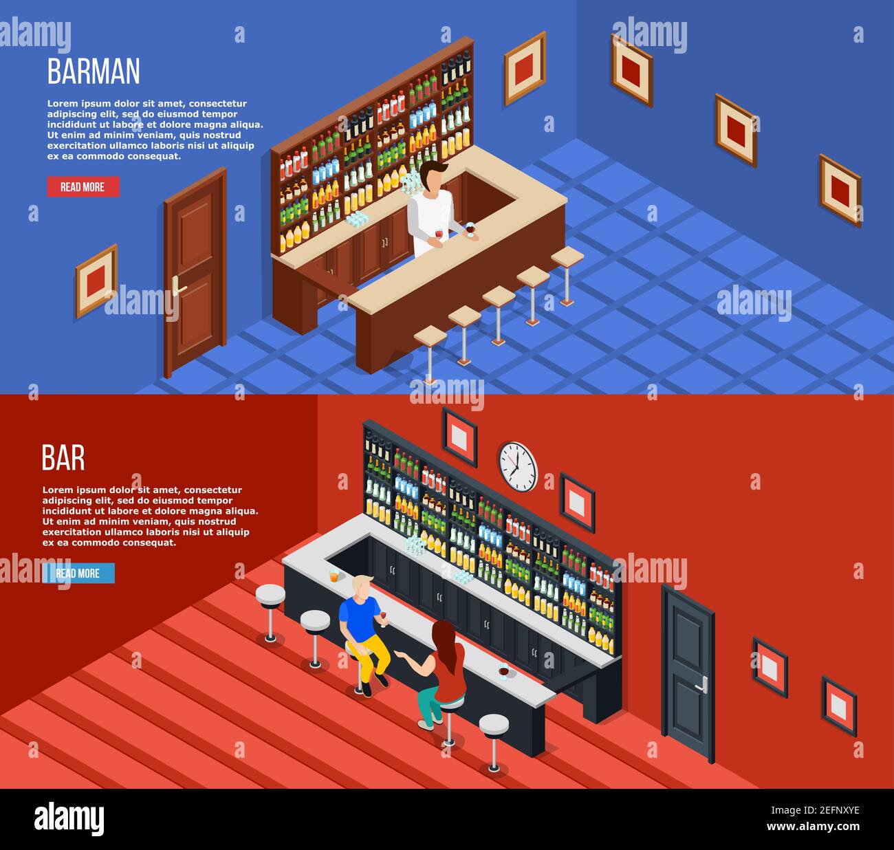 Two horizontal bar people isometric banner set with barman headline and ...