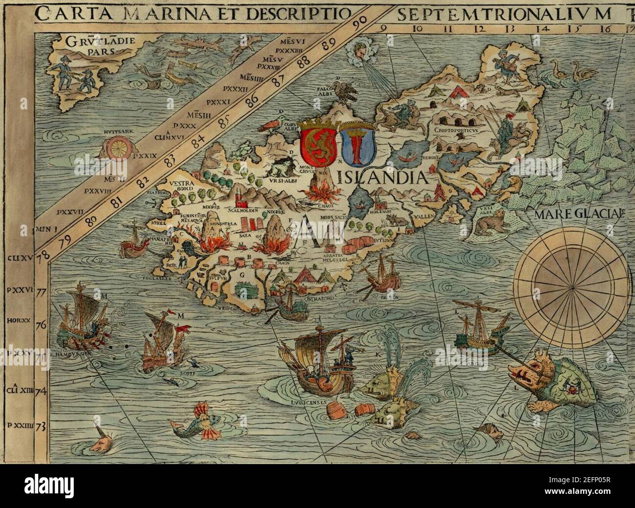 Olaus Magnus' Map of Scandinavia 1539, Section A, Iceland Stock Photo ...