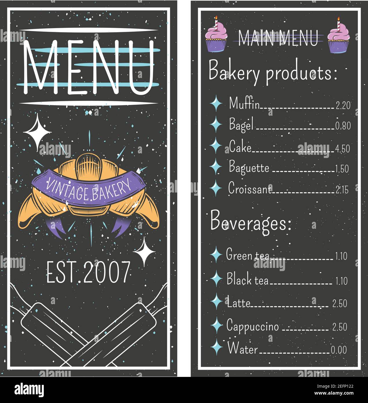 Vintage bakery menu template on black background with emblem, price ...