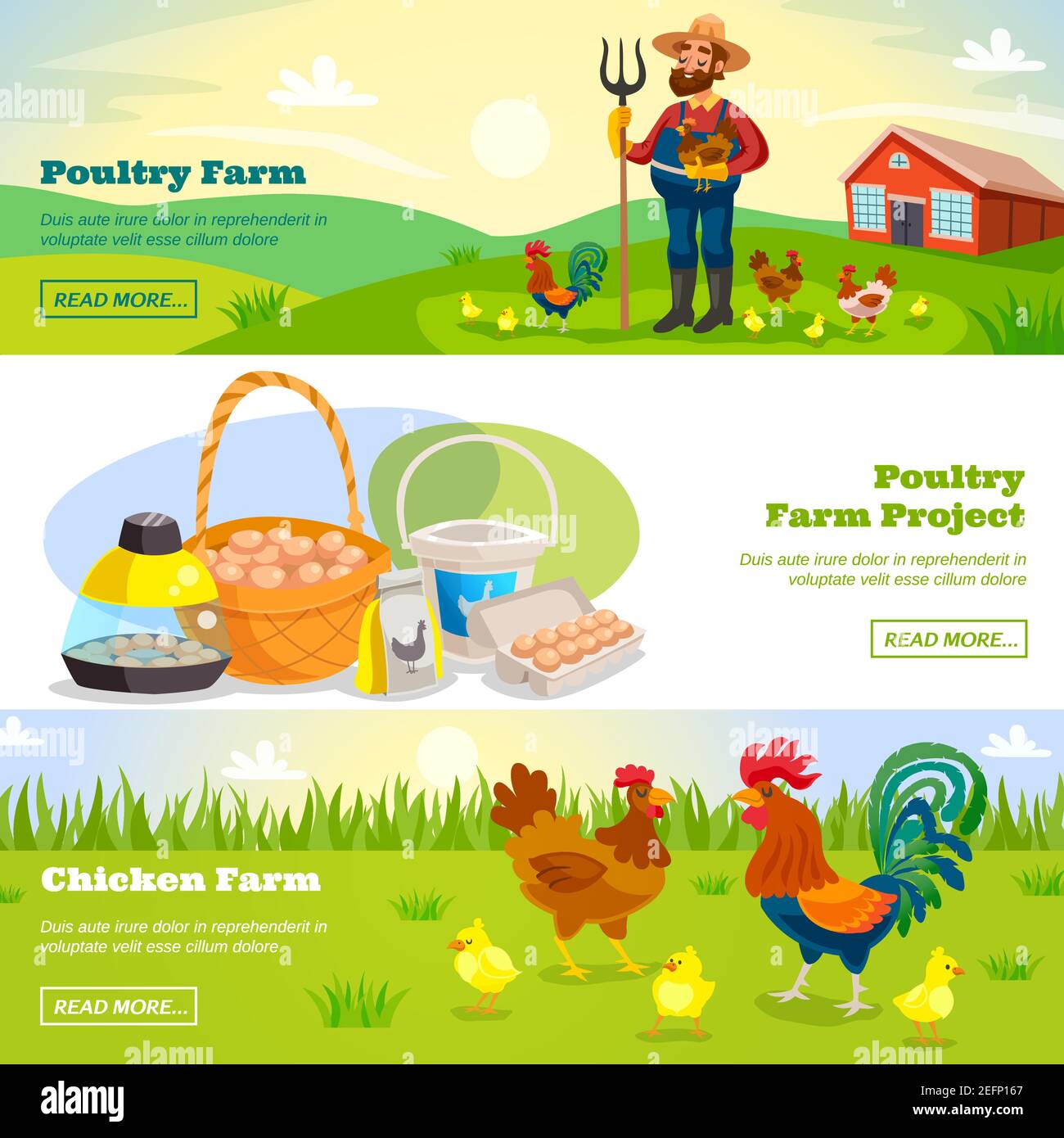 Poultry farm banners with cartoon scenery farmer and chicken characters ...