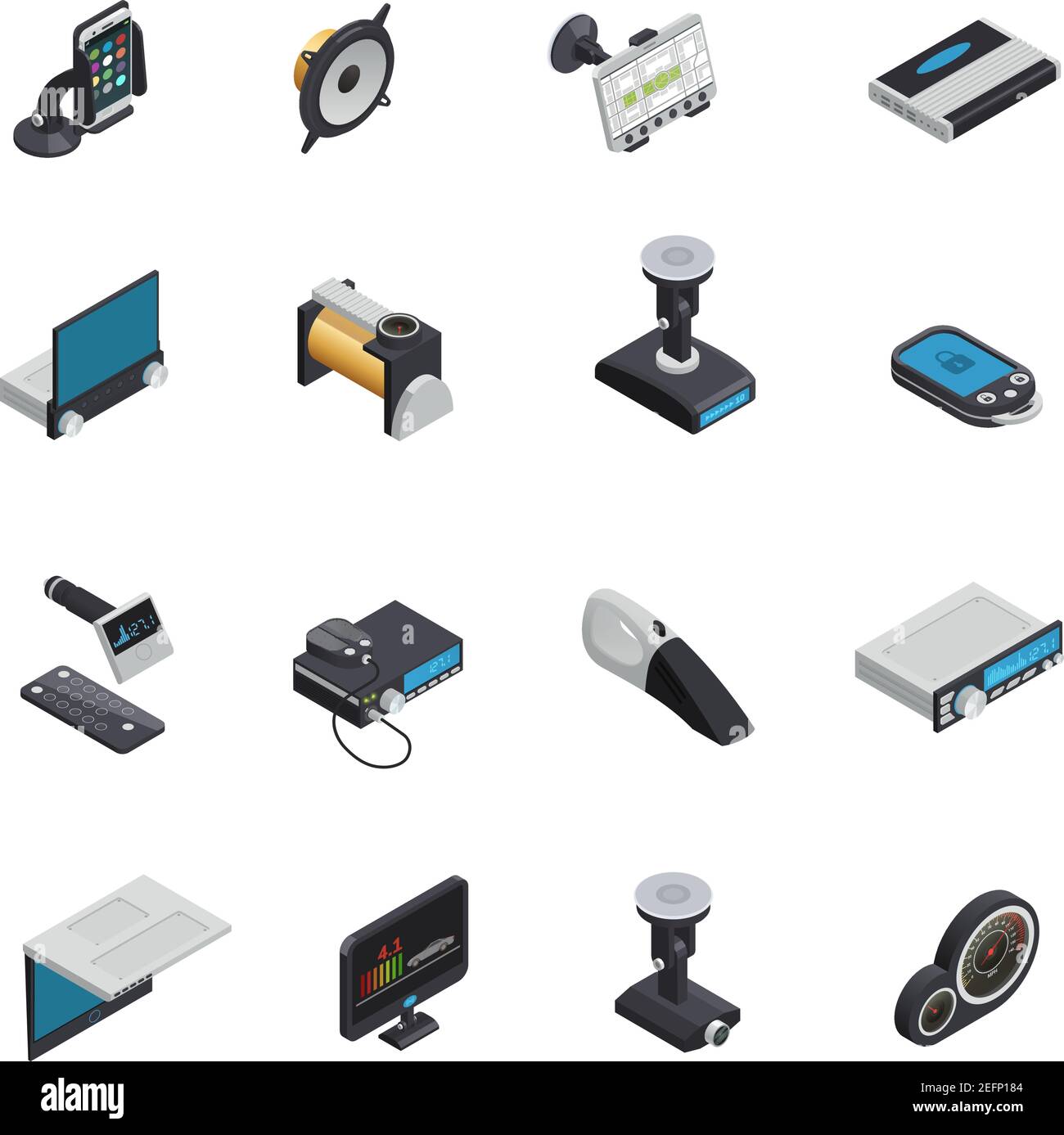 Car electronics isometric icons with electric pump gps navigator alarm ...