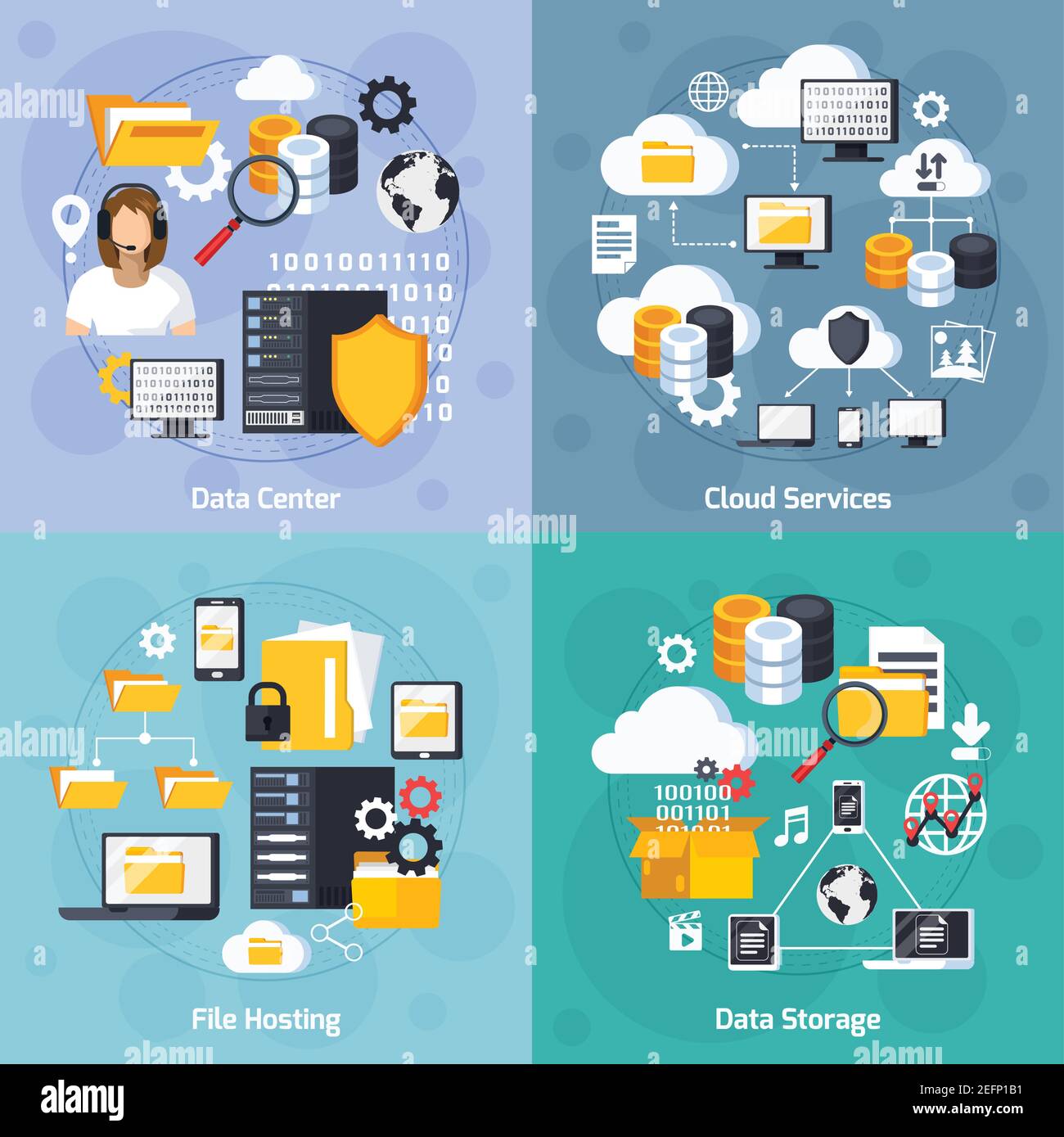 Hosting services concept icons set with data storage symbols flat ...