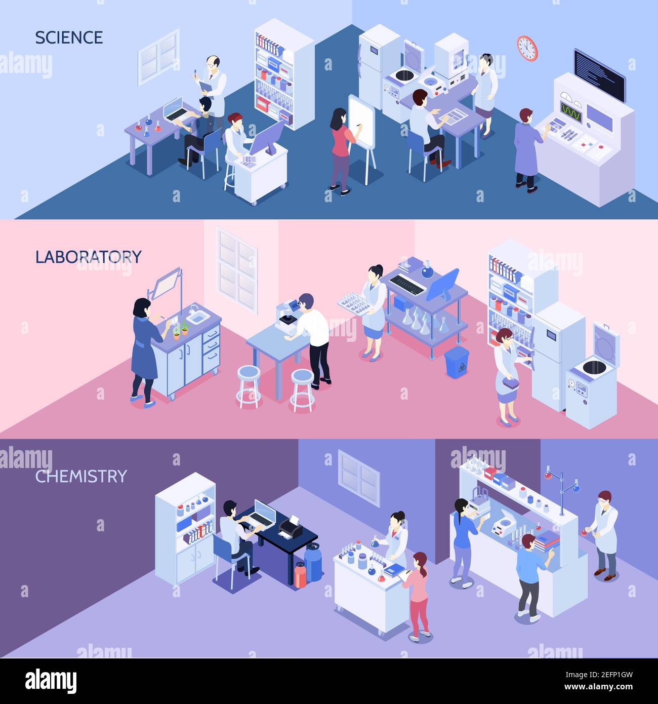 Set of horizontal isometric banners with people in science laboratory ...