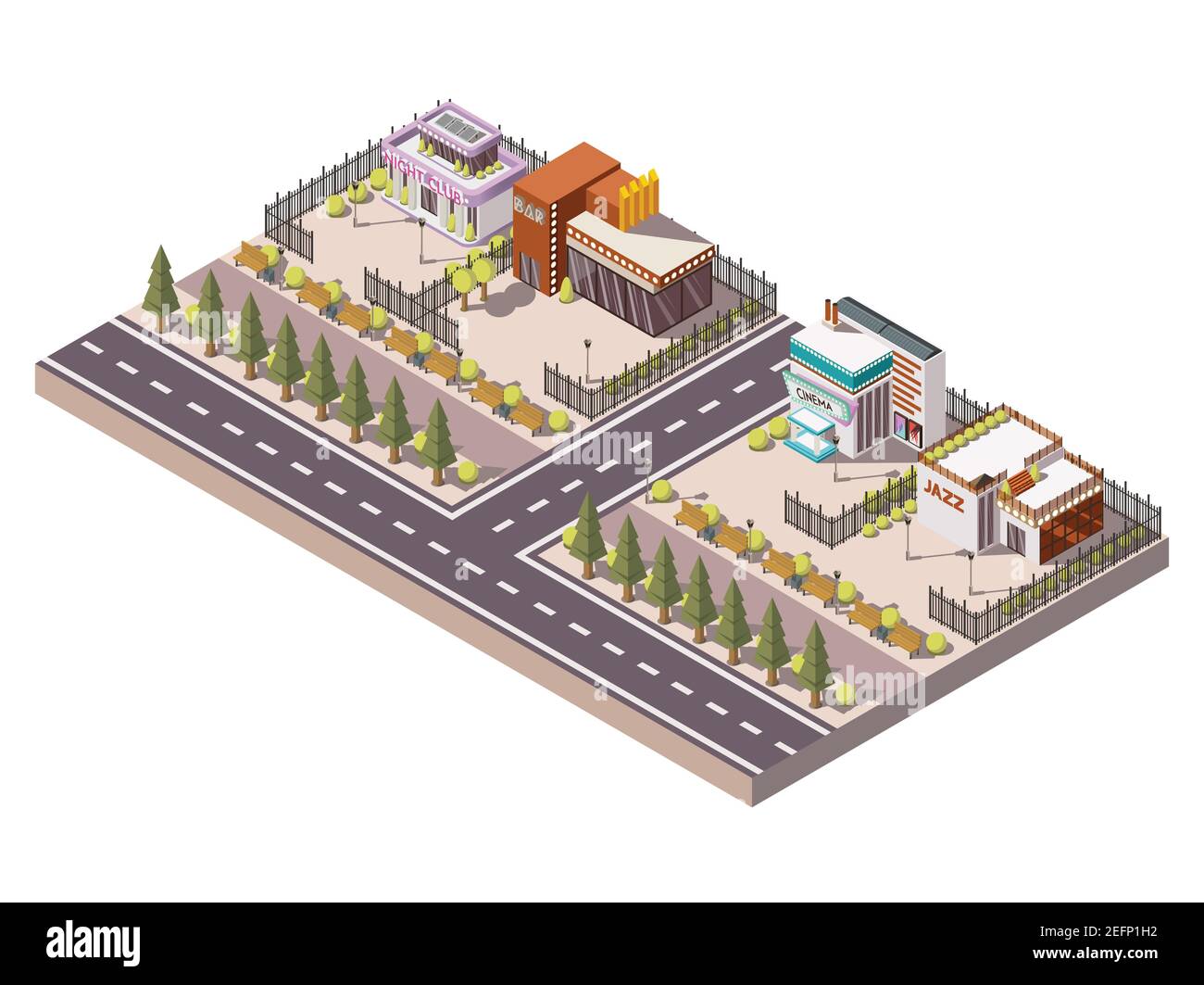 Entertainment places isometric composition with night club and cinema ...