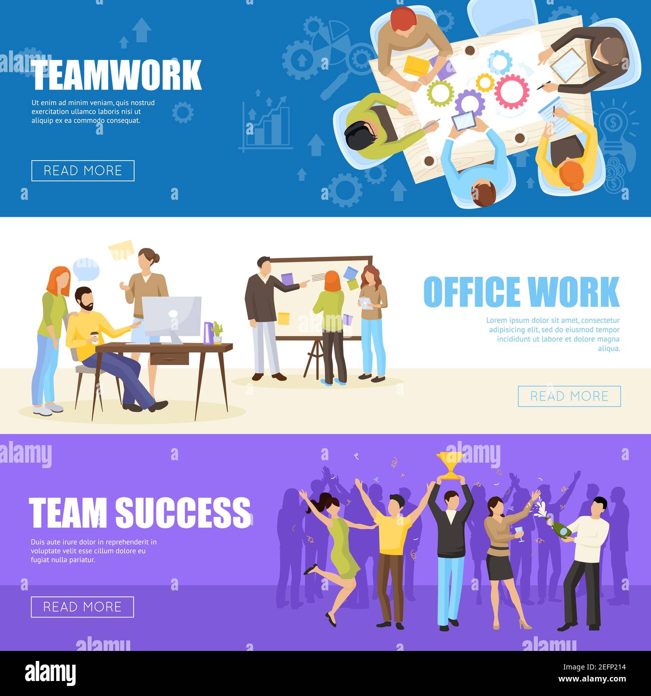 Teamwork horizontal banners set with office work symbols flat isolated ...