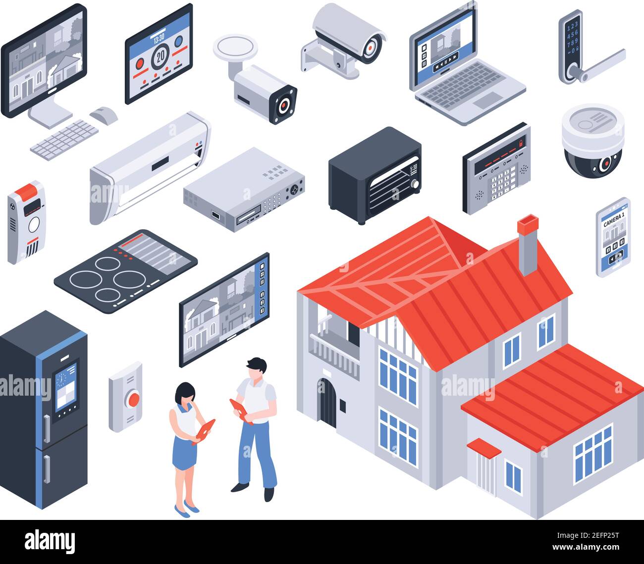 Isolated and isometric smart home icon set with digital elements and ...