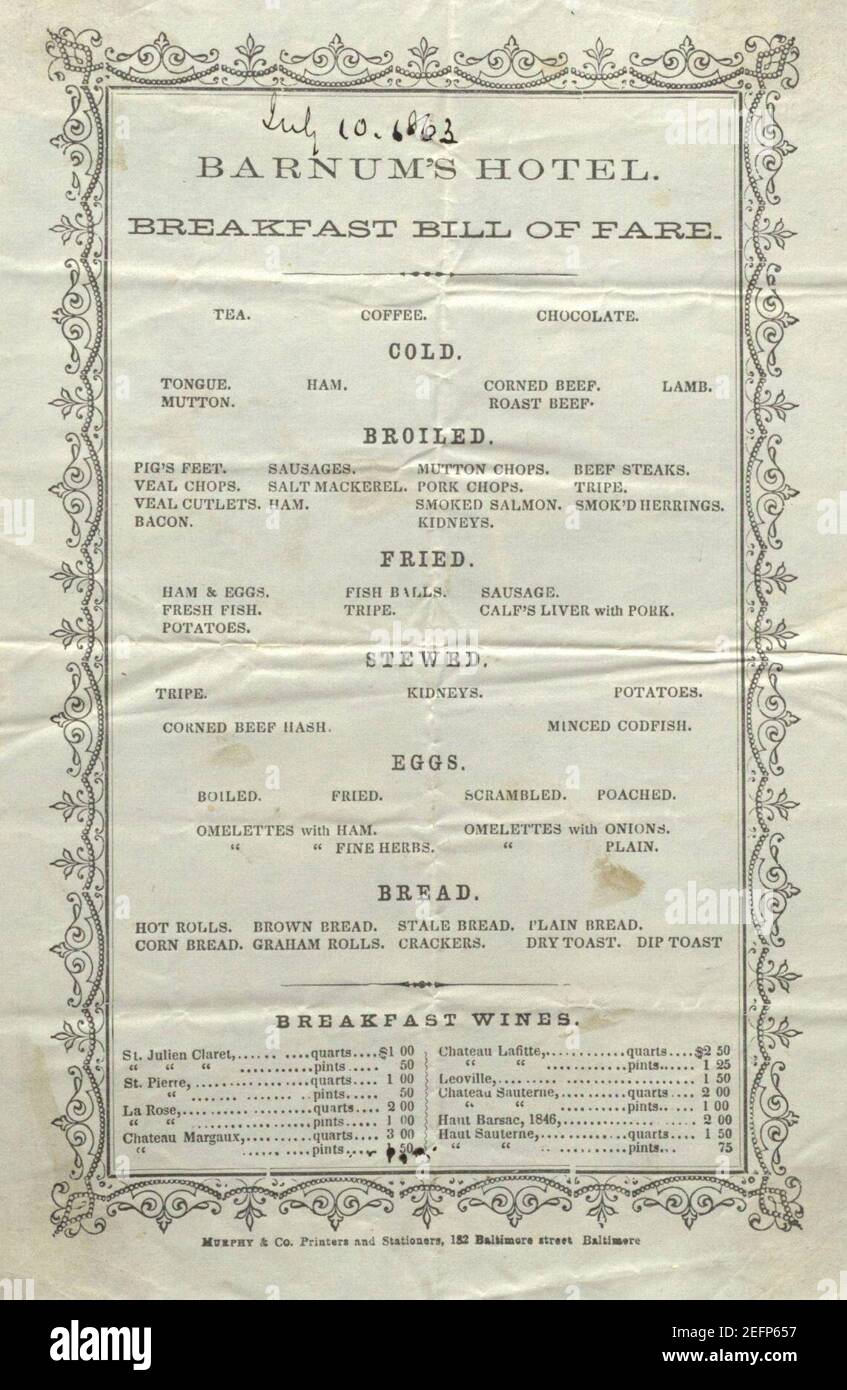 Old Food Menu - Barnums Hotel 1863 Stock Photo - Alamy