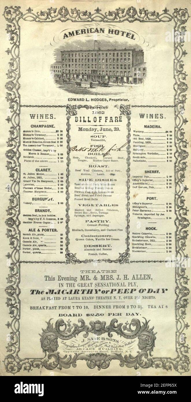 Old Food Menu - American Hotel 1862 Stock Photo - Alamy
