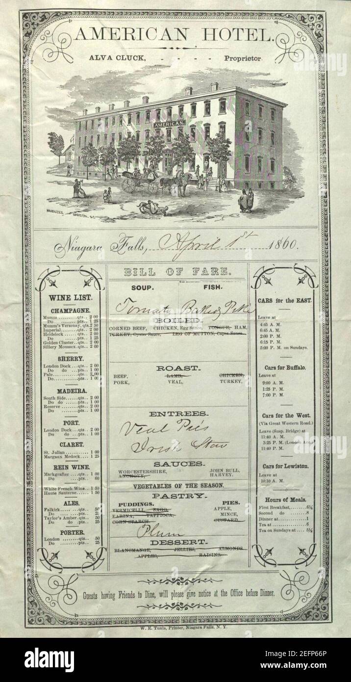 Old Food Menu - American Hotel 1860 Stock Photo - Alamy