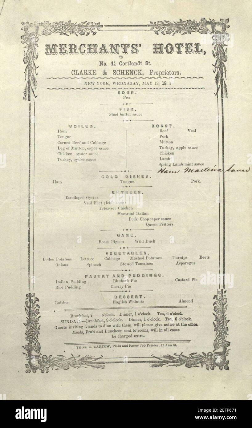 Old Food Menu - Merchants Hotel 1863 Stock Photo - Alamy