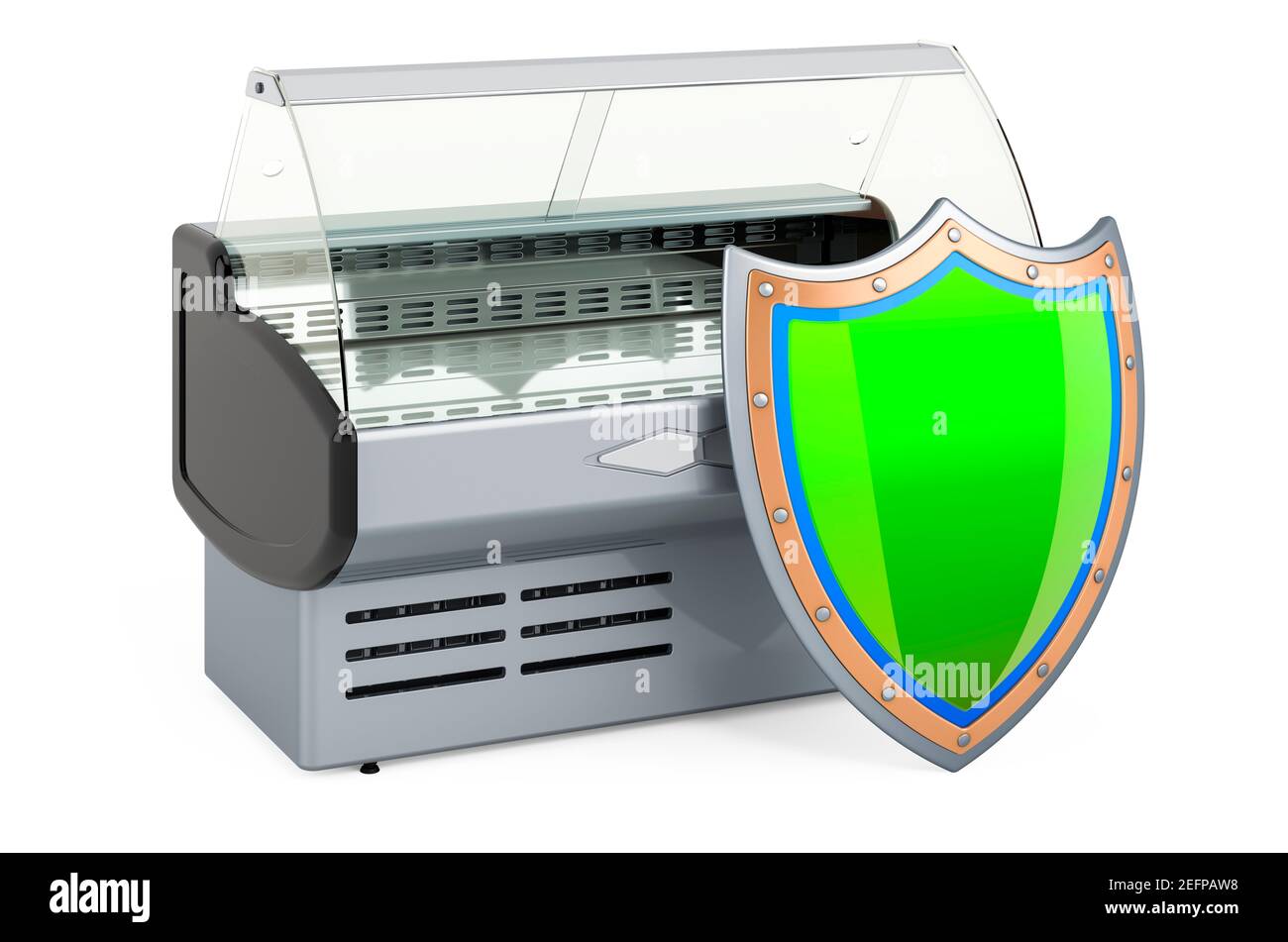 Refrigerated display case, showcase with shield. 3D rendering isolated ...