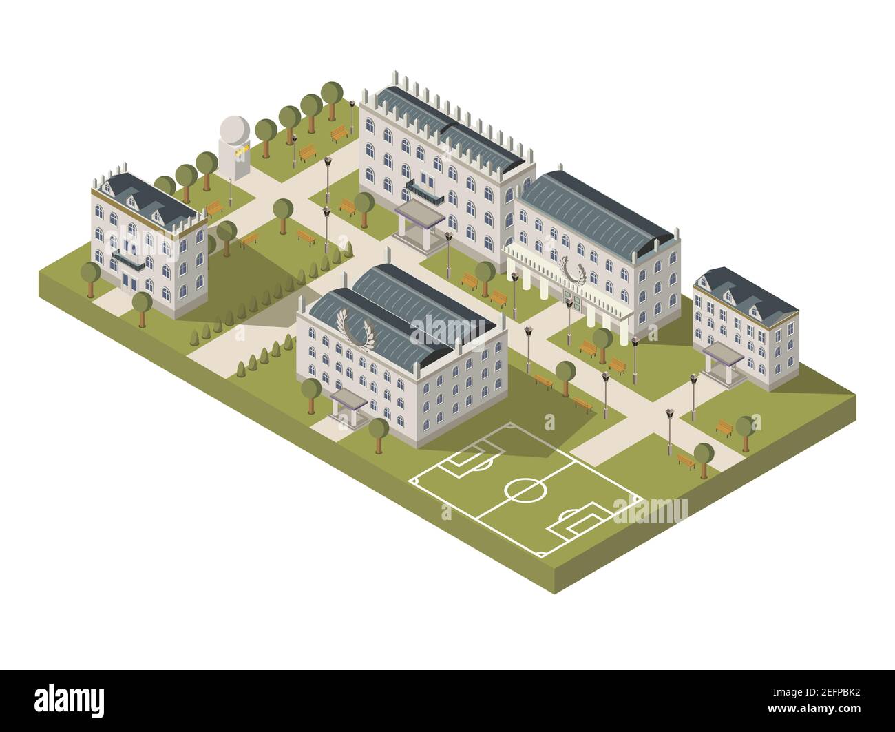Isometric university campus concept with university sports ground and ...