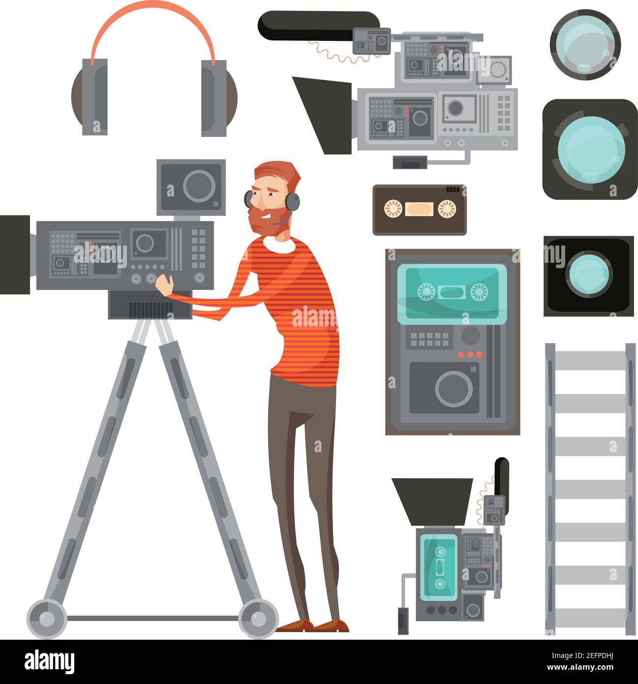 Film cameraman with video equipment including tape headphones filters ...