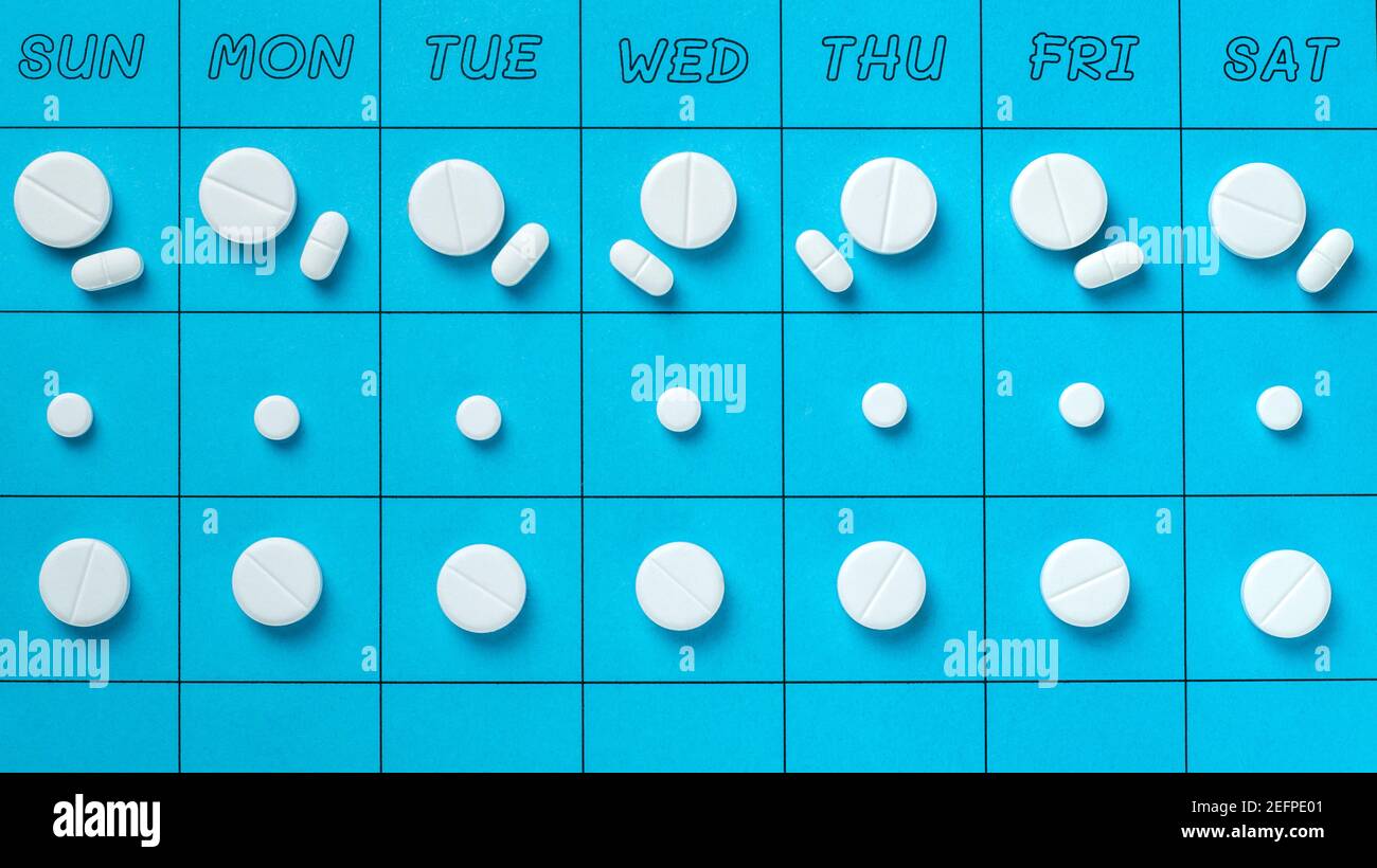 Daily and weekly medication schedule. Various pills and capsules on a ...