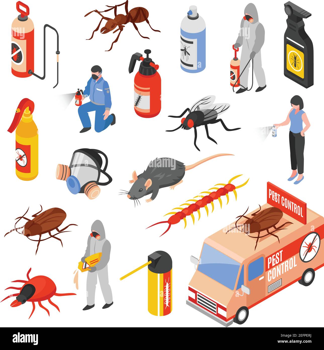 Pest control service workers 3d isometric icons set isolated on white ...