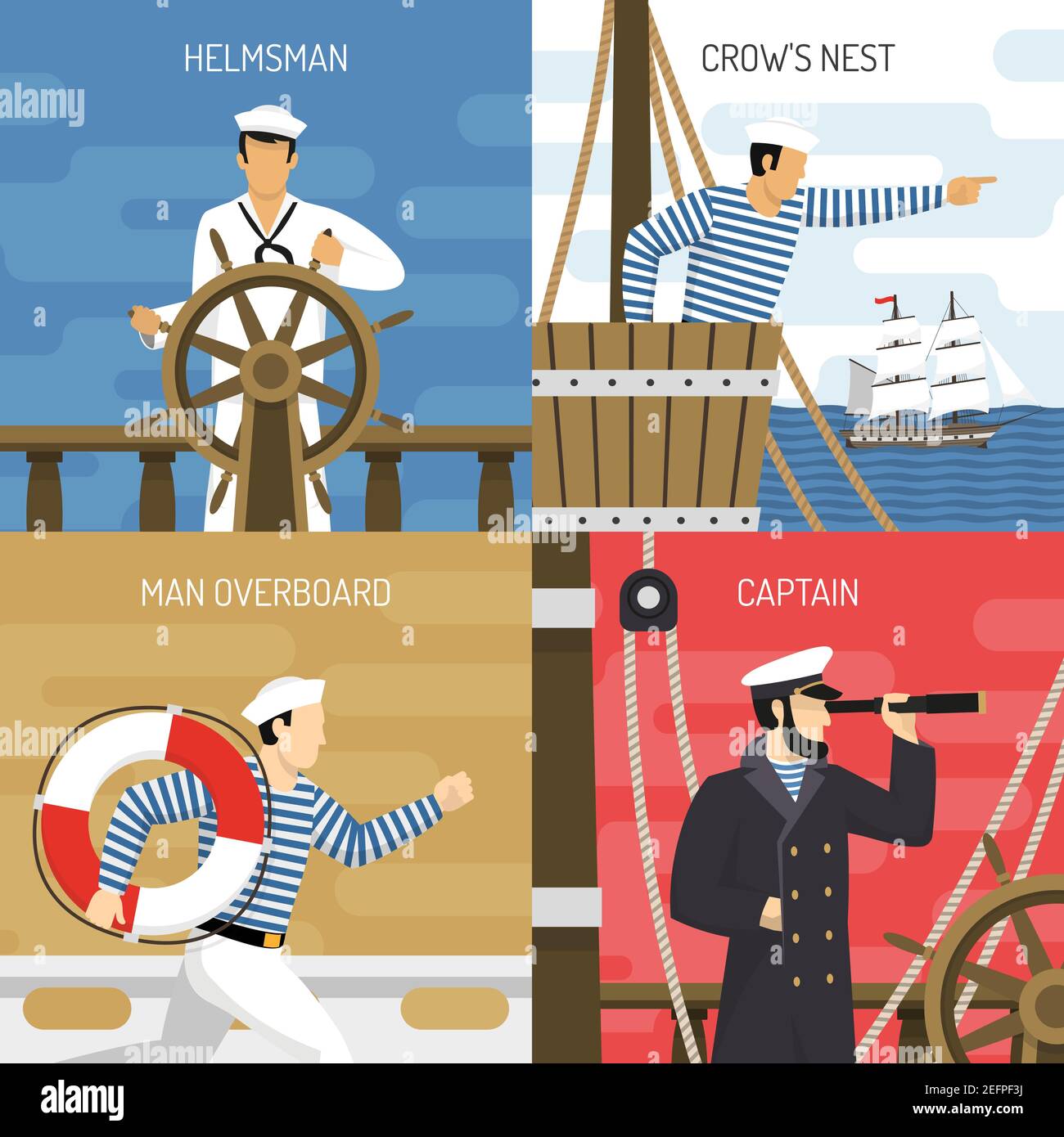 Sail ship crew members at work 4 flat icons square with helmsman ...