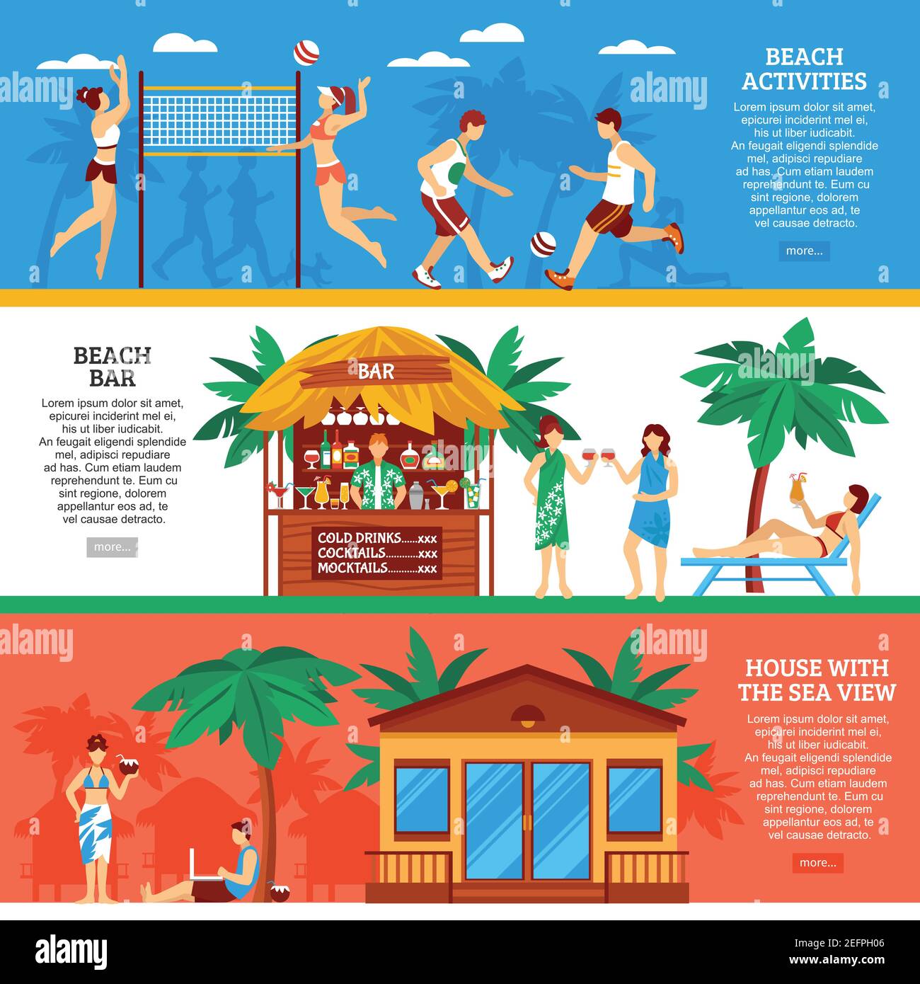 Beach horizontal flat banners set with bar sport games and house with ...