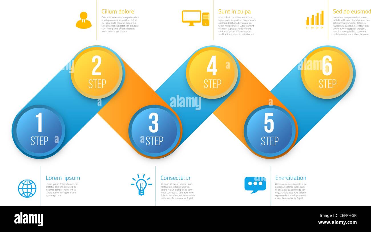 Infographics with 6 steps milestone, colorful blue and yellow bright ...
