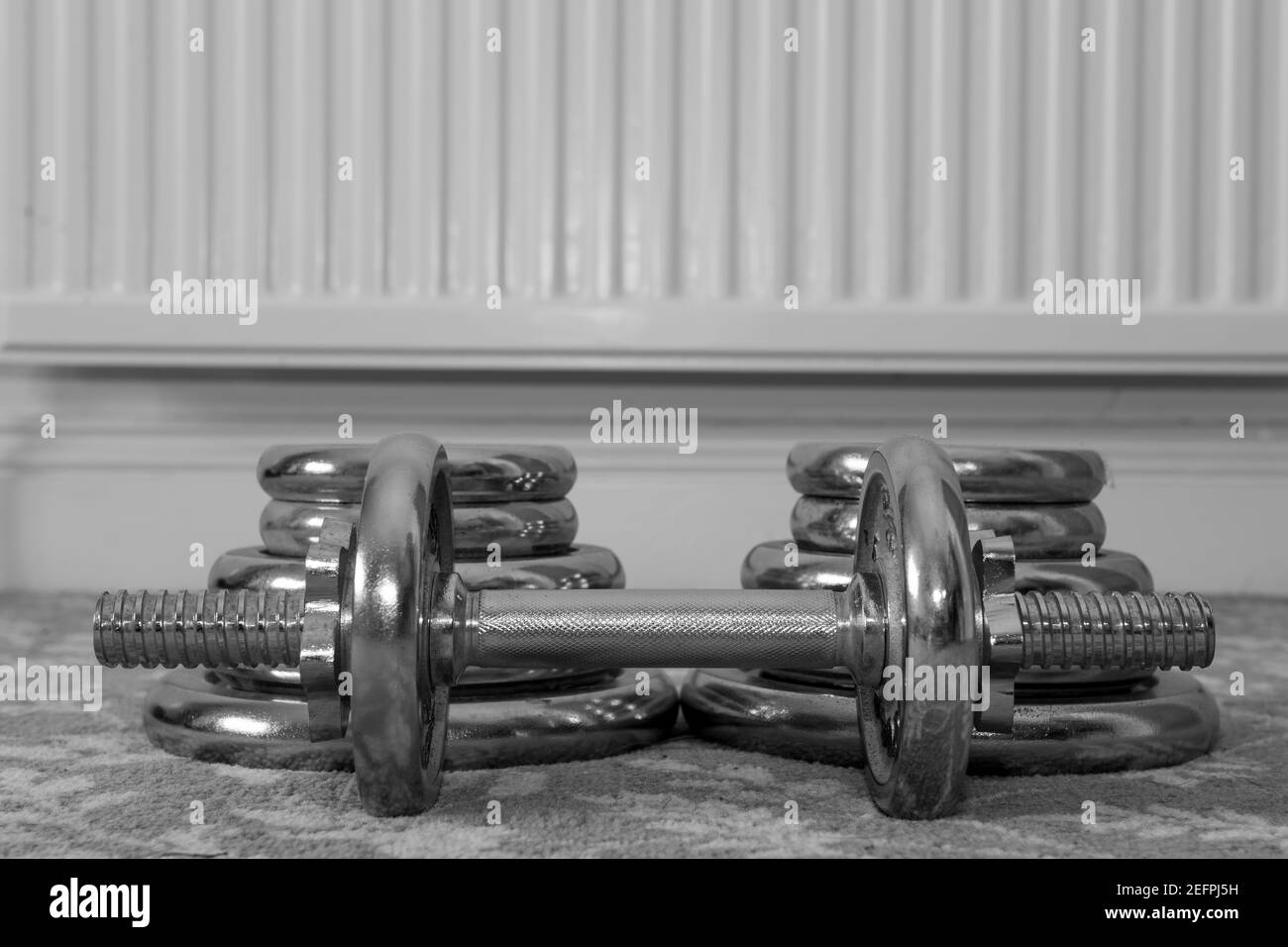 Black and white photo of a small dumbbell on the floor with two stacks ...