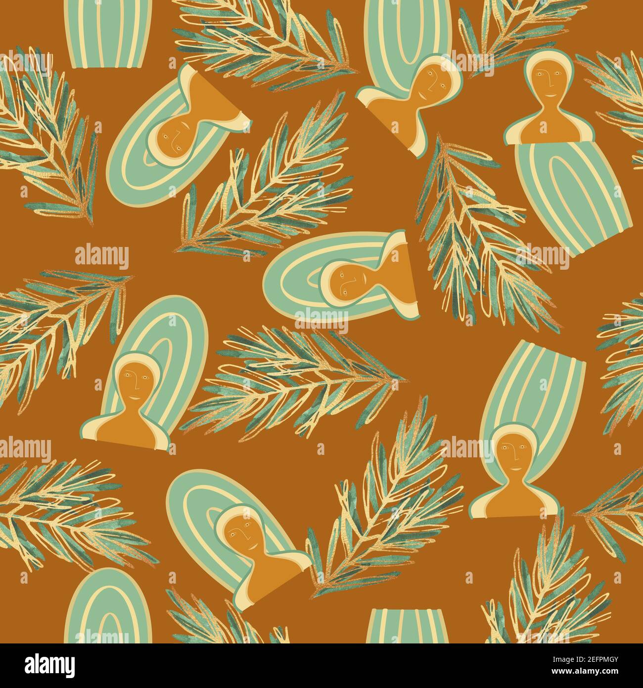 Lady with leaves, seamless pattern Stock Photo - Alamy