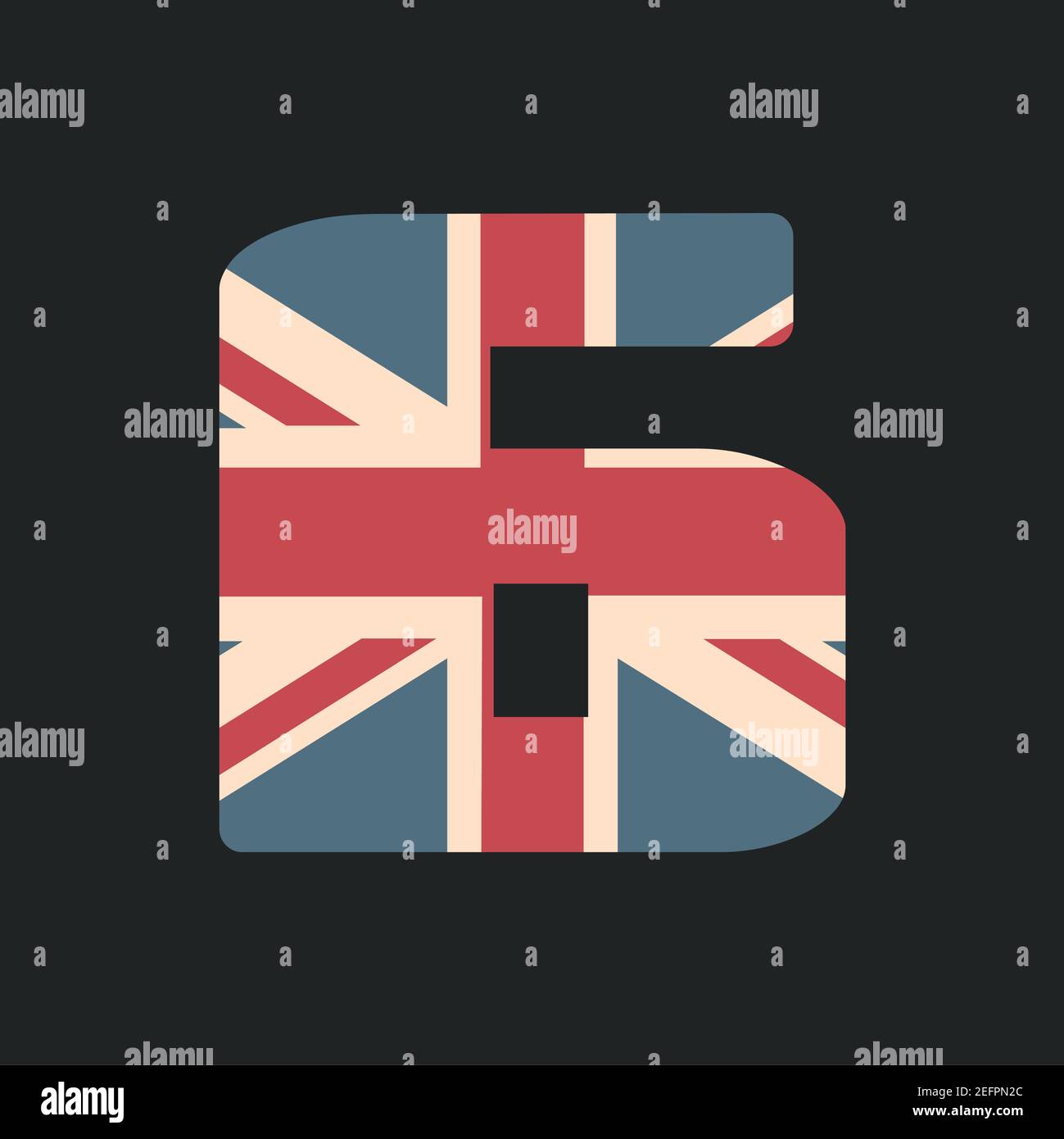 Capital number six with UK flag texture isolated on black background ...