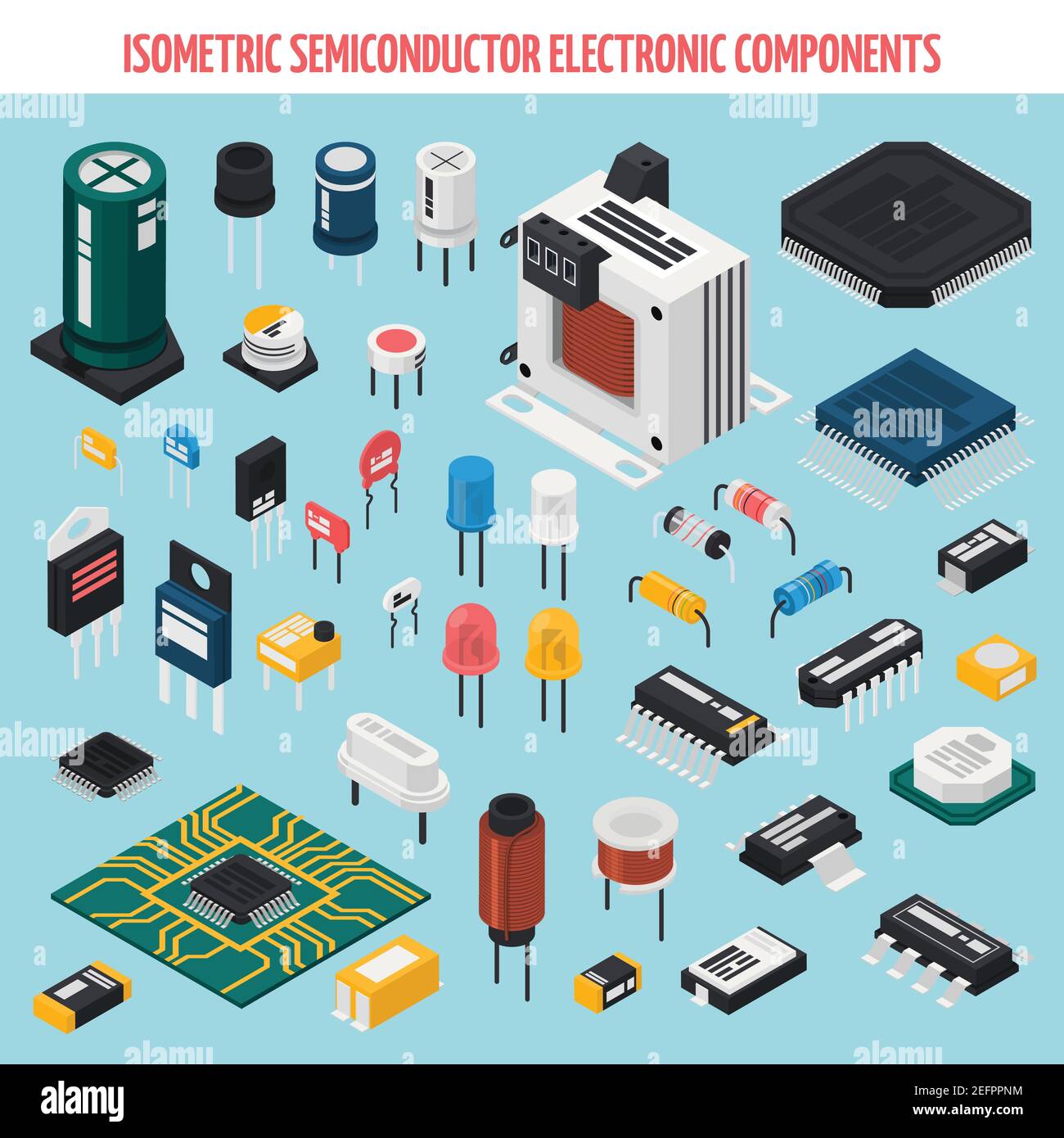 Colored isolated semiconductor electronic components isometric icon set ...